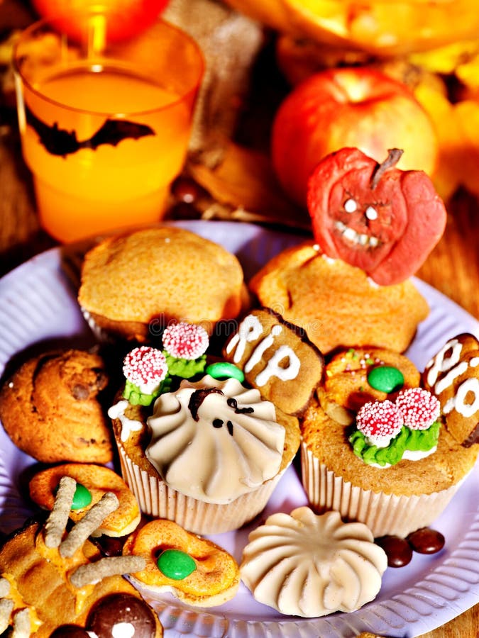 Halloween Table with Trick or Treat Stock Photo - Image of table ...