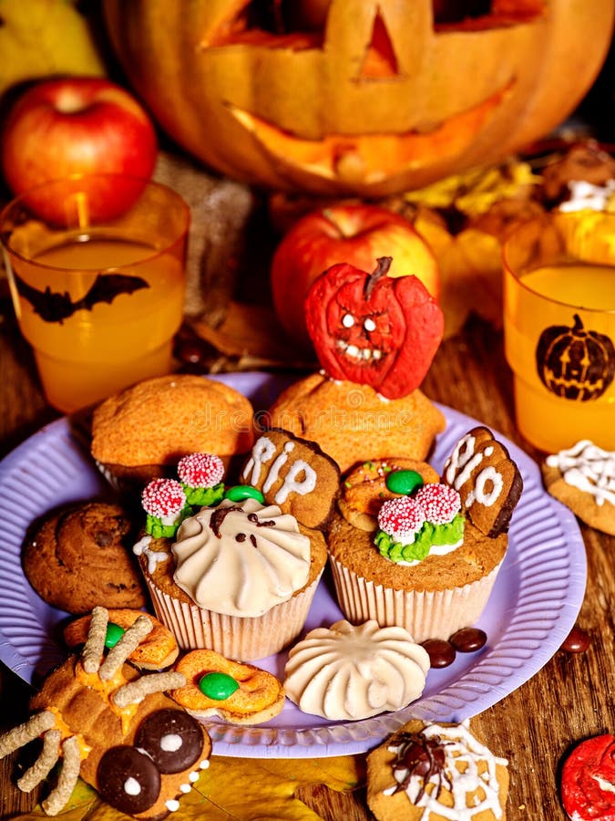 Halloween Table with Trick or Treat Stock Photo - Image of scary ...
