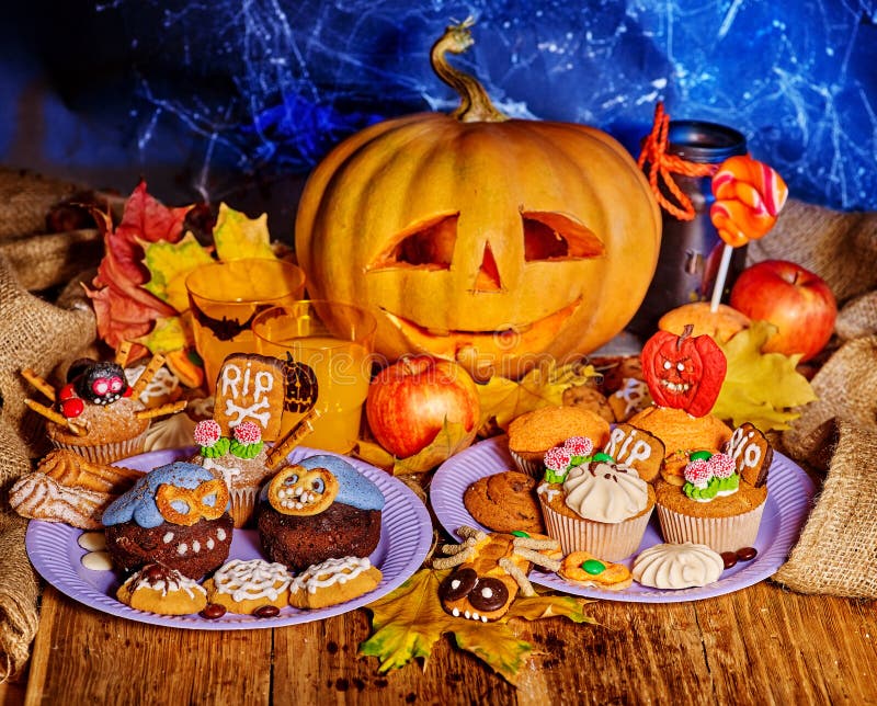 Halloween Table with Trick or Treat Stock Image - Image of trick, black ...