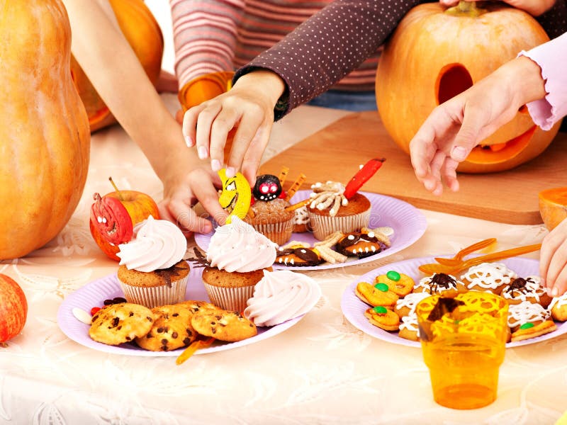 Halloween Table with Trick or Treat Stock Photo - Image of scary ...