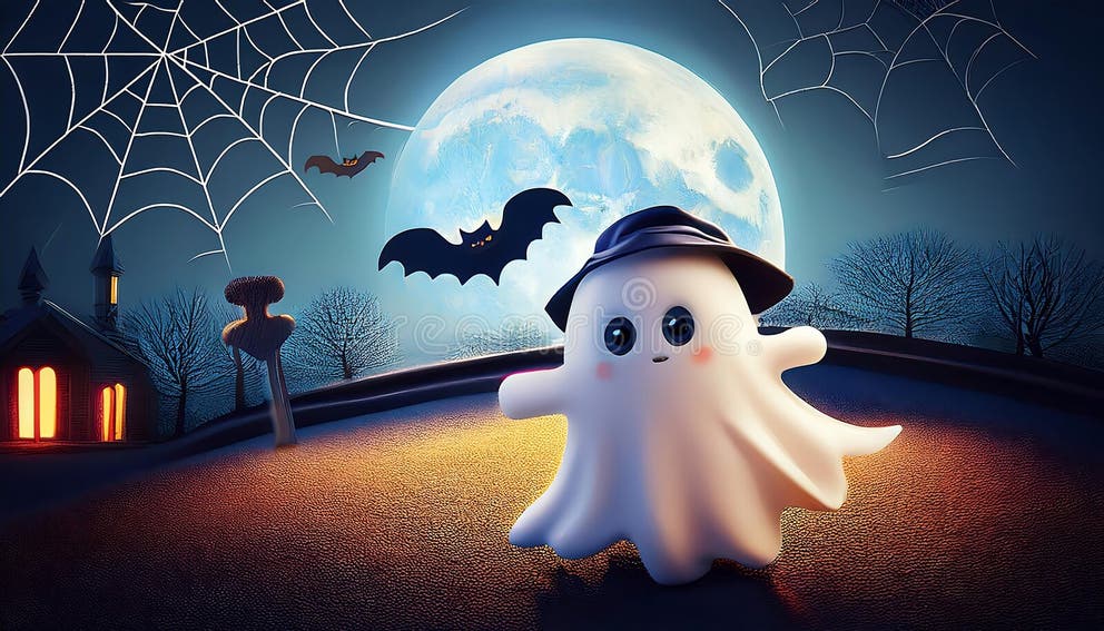 Halloween Theme Concept with Cute Funny Ghost with a Bat Stock ...