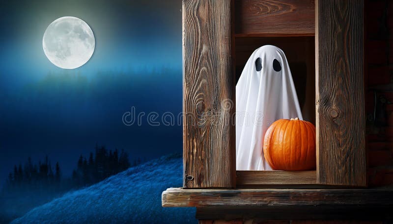 Halloween Theme Concept with a Ghost in a Window Sill Stock ...