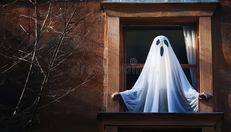 Halloween Theme Concept with a Ghost in a Window Sill Stock ...