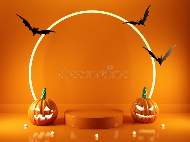 Halloween Theme with Pumpkin Ghosts and Bats in Front of the Light Arch ...