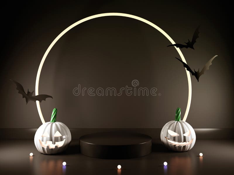 Halloween Theme with Pumpkin Ghosts and Bats in Front of the Light Arch ...