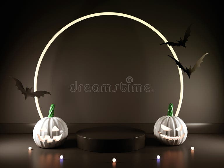 Halloween Theme with Pumpkin Ghosts and Bats in Front of the Light Arch ...