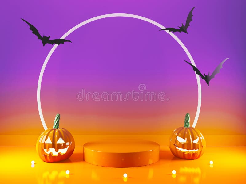 Halloween Theme with Pumpkin Ghosts and Bats in Front of the Light Arch ...