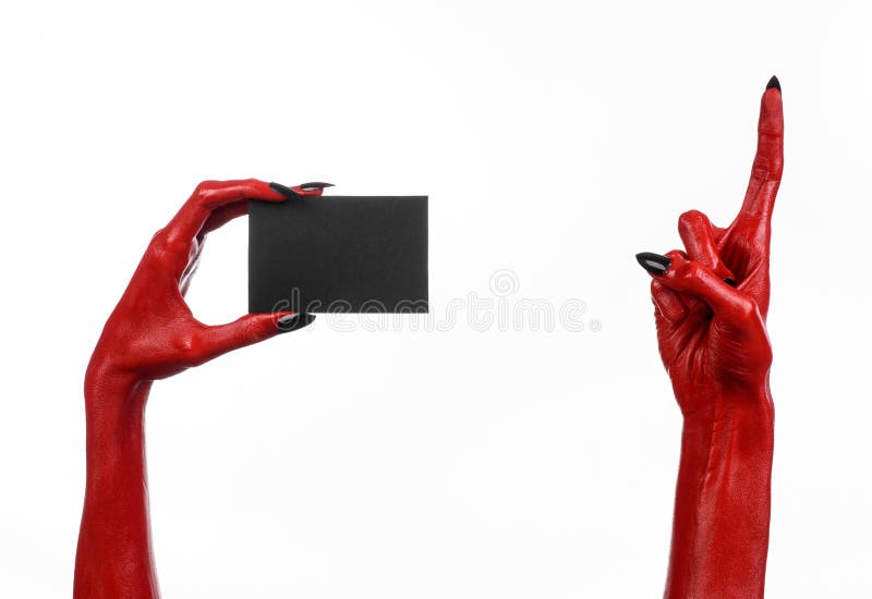 Halloween Theme: Red Devil Hand with Black Nails Holding a Blank Black ...