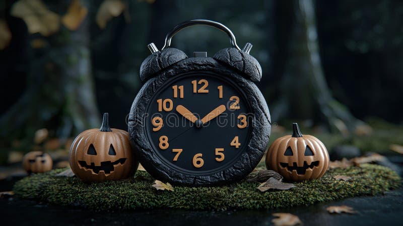 Halloweenthemed Alarm Clock with Pumpkins on Mossy Ground Stock ...