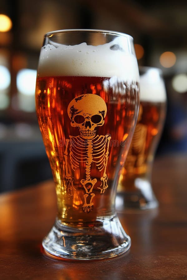 Halloween Themed Beer Glass with Skeleton Design in Rustic Bar Stock ...