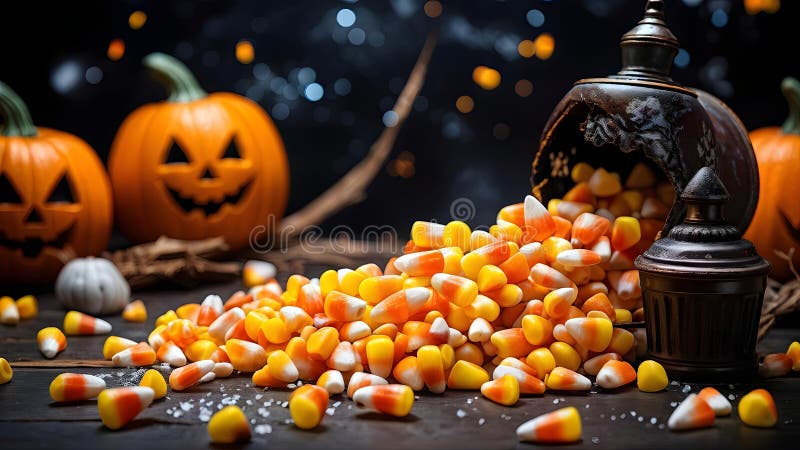 Halloween-themed Candy Corn Spilling from Jar with Pumpkins in ...
