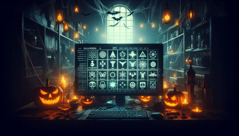 Halloween Themed Computer Setup with Pumpkins and Candles Stock ...