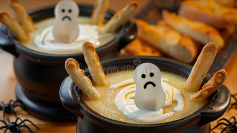Halloween-Themed Creamy Ghost Soup with Breadstick Bones Stock Image ...
