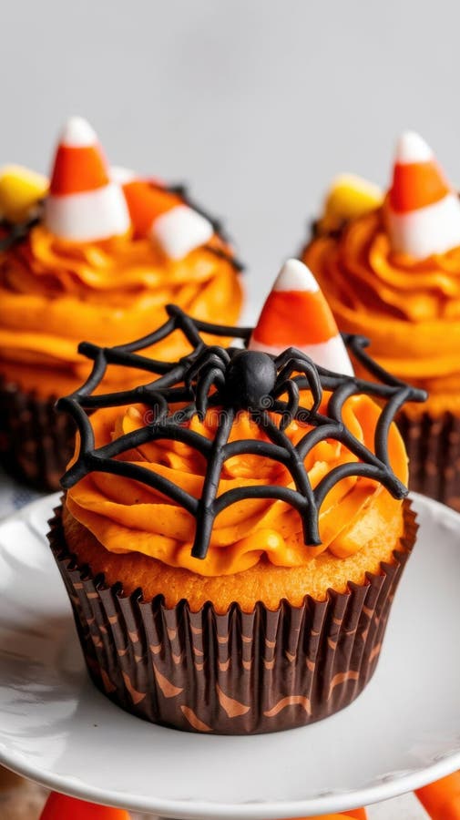 A Halloween Themed Cupcake with a Spider Web Design and a Candy Cane on ...