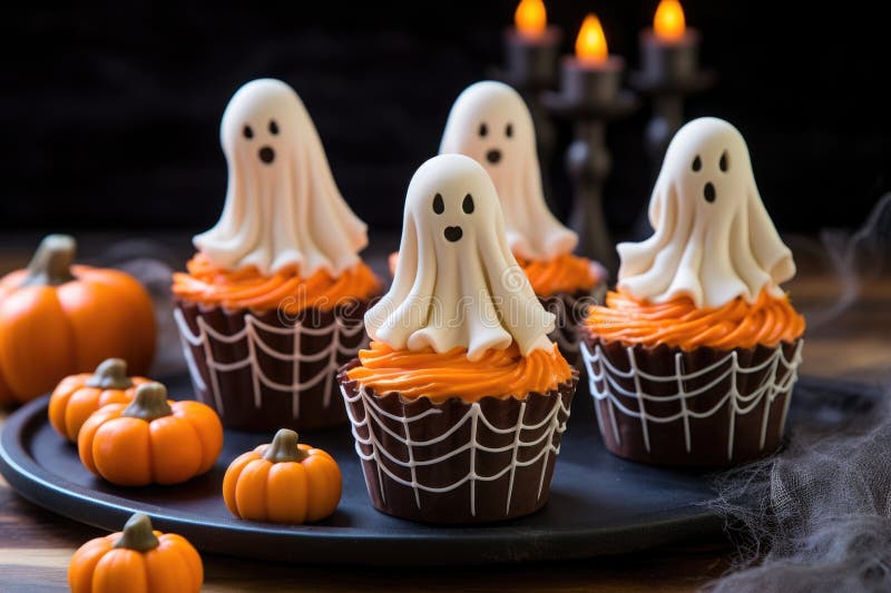 Halloween Themed Cupcakes with Ghost Frosting Stock Photo - Image of ...