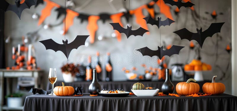 Halloween-themed Dining Table with Pumpkins, Wine, and Bat Decorations ...