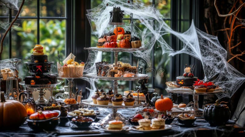 Halloween-themed High Tea with Spiderwebs and Pumpkins Stock ...