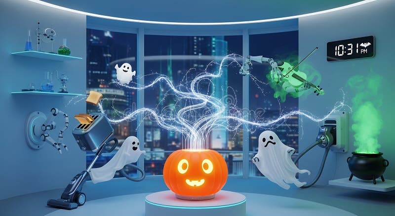 A Halloween Themed Laboratory with Ghosts, Robots, and a Glowing ...