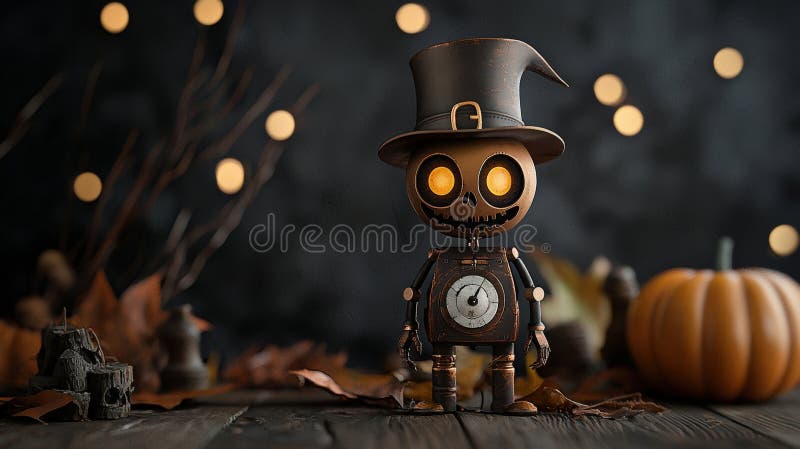 Halloweenthemed Wooden Puppet with Glowing Eyes and a Tall Hat Stock ...