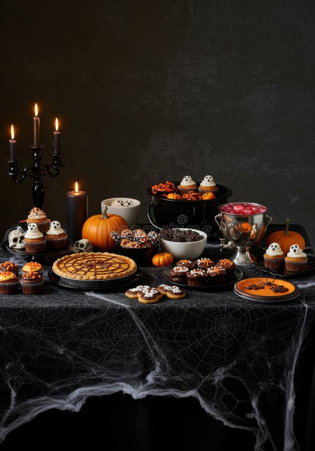 Halloween Treats Table Setting with Dark Background Stock Illustration ...