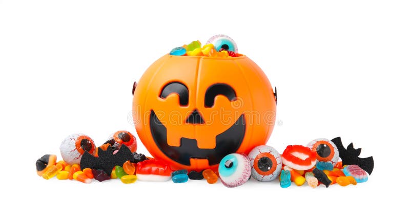 Halloween Trick or Treat Bucket with Different Sweets on White ...