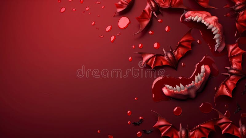 Halloween Vampire Fangs and Bats on Red Background 3D Rendering Stock ...