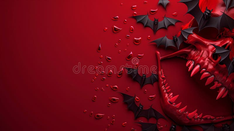 Halloween Vampire Fangs and Bats on Red Background 3D Rendering Stock ...