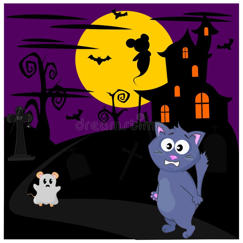 Cat Scared by a Mouse in a Ghost Costume Stock Vector - Illustration of ...