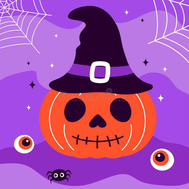 Halloween Vector Illustration with Cute Pumpkin in Witch Hat Stock ...