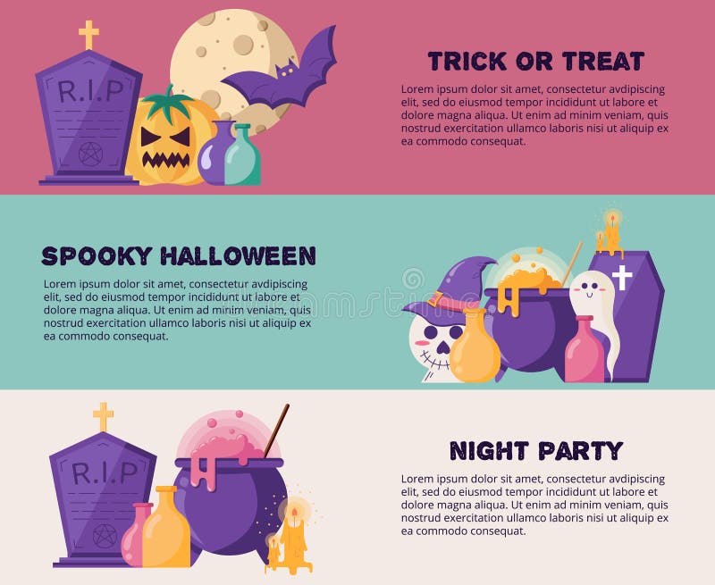 Halloween Web Horizontal Banners in a Flat Style. Vector Illustration ...