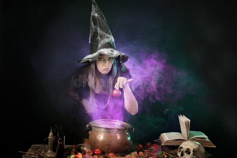 Halloween Witch Cooking a Potion in a Cauldron Stock Image - Image of ...