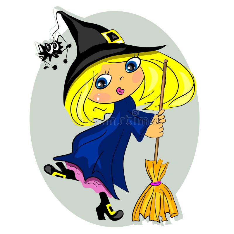 Halloween Witch Dancing with Broom. Black Hat with Stock Vector ...