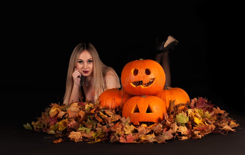 Halloween Witch with Funny Pumpkins and Leaves Stock Image - Image of ...