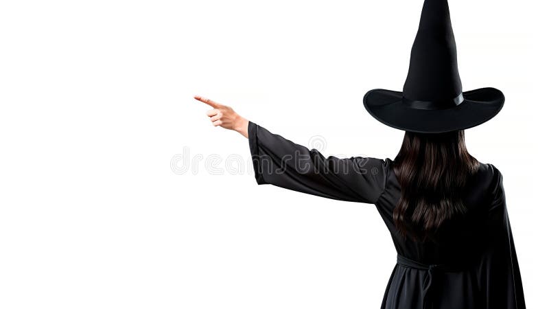 Halloween Witch Looking Back, Pointing Finger To Empty Space ...