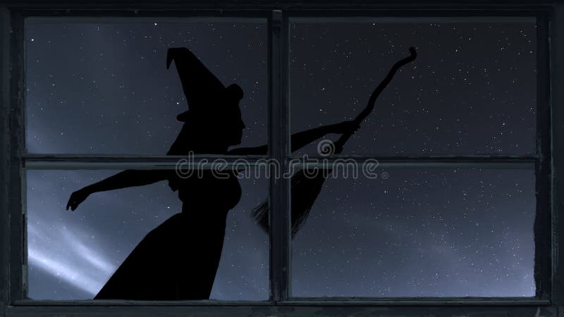 Halloween Witch Silhouette Flying with Broomstick. Window View Stock ...
