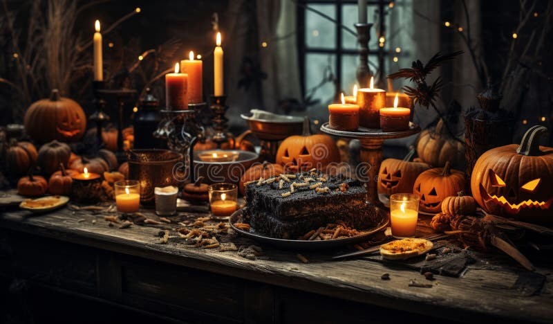 Halloween Witch Table with Lighted Pumpkins, Hat and Candles, Black ...
