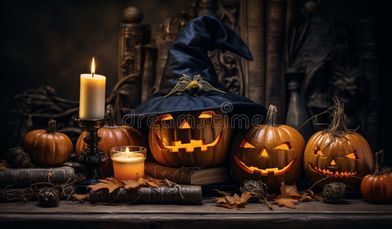 Halloween Witch Table with Lighted Pumpkins, Hat and Candles, Black ...