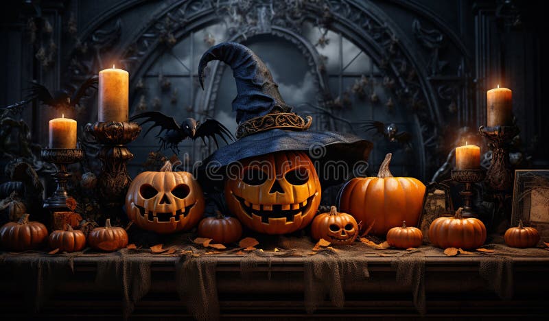 Halloween Witch Table with Lighted Pumpkins, Hat and Candles, Black ...