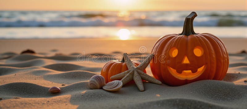 Halloweenthemed Beach Scene with Pumpkins Starfish and Seashells at ...