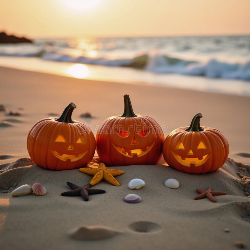 Halloweenthemed Beach Scene with Pumpkins Starfish and Seashells at ...