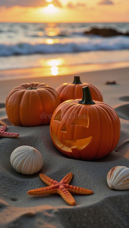 Halloweenthemed Beach Scene with Pumpkins Starfish and Seashells at ...
