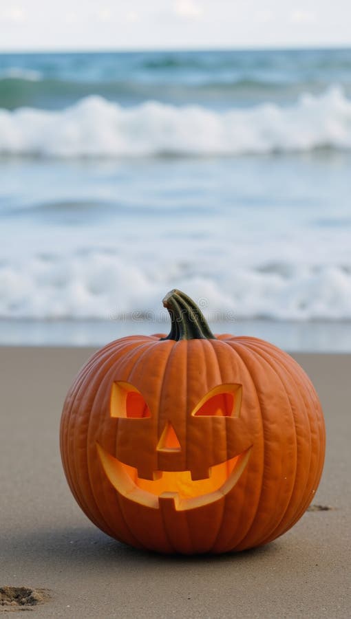 A Halloweenthemed Pumpkin Adorned on the Shoreline Beach Setting Stock ...