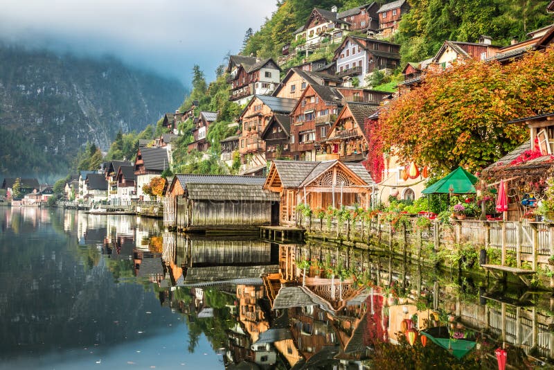 Hallstatt on the Lake in Autumn Stock Photo - Image of morning, europe ...