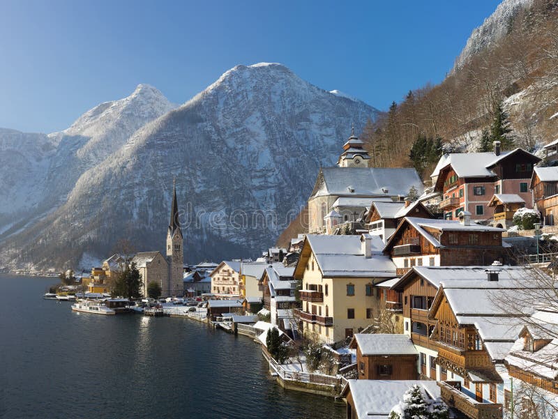 Hallstatt in winter stock photo. Image of mountain, church - 30595212