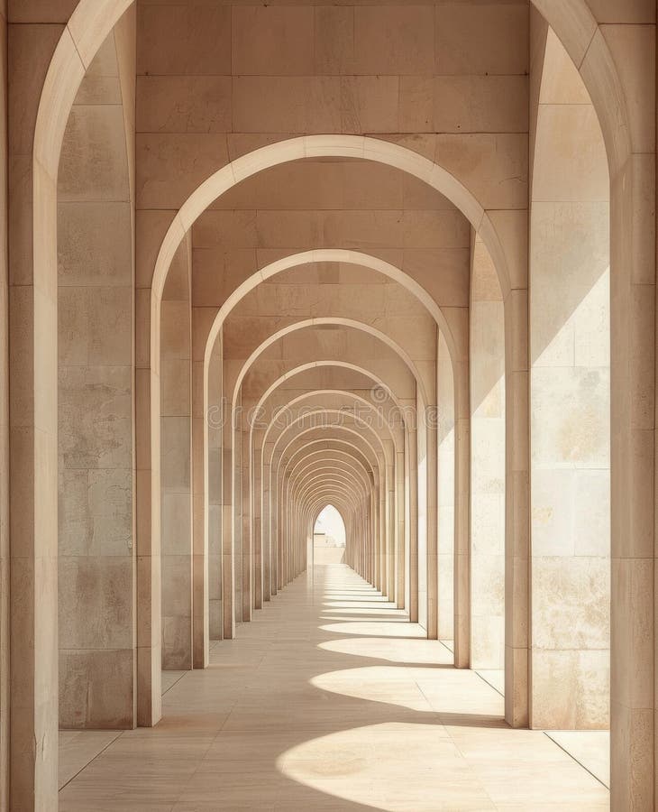Hallway with Arches and Light at End Stock Image - Image of corridor ...