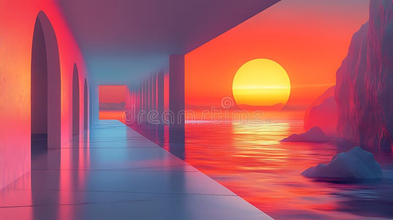 A Hallway with Arches Opens To a Stunning Sunset Over the Ocean Stock ...
