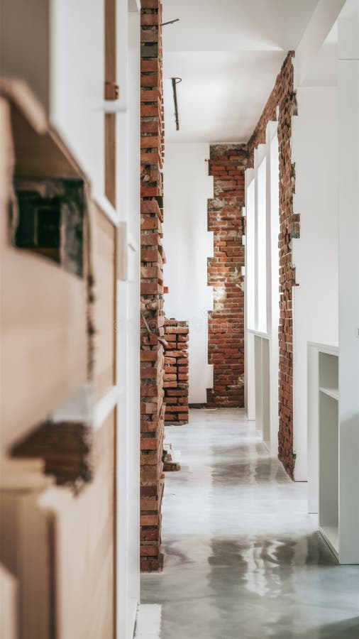 A Hallway with a Brick Wall and White Walls, AI Stock Image - Image of ...