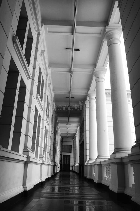 Hallway of a Building with Blue Tiles and Wooden Texture Walls Stock ...
