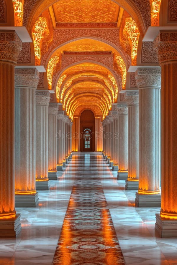 Hallway with Columns and Lights Stock Photo - Image of column, long ...