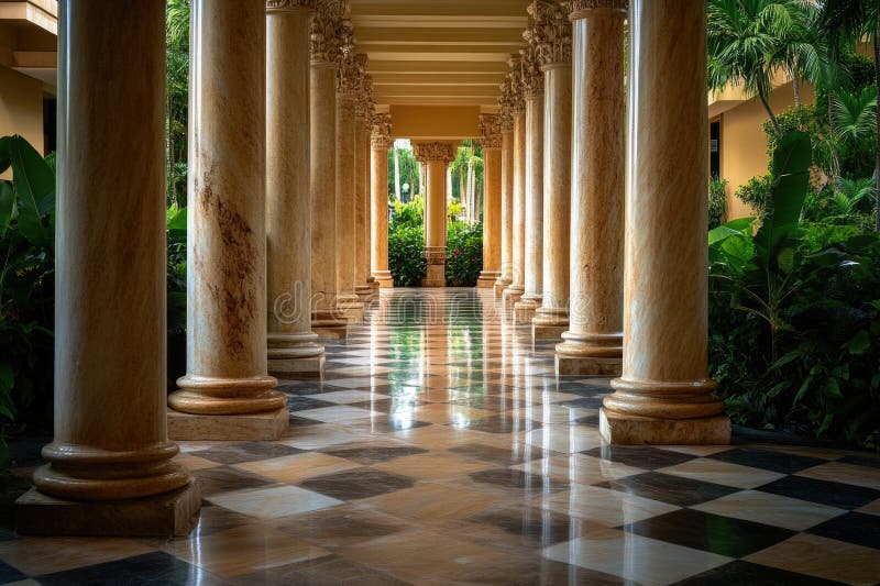 Hallway with Columns and Potted Plant Stock Image - Image of hallway ...